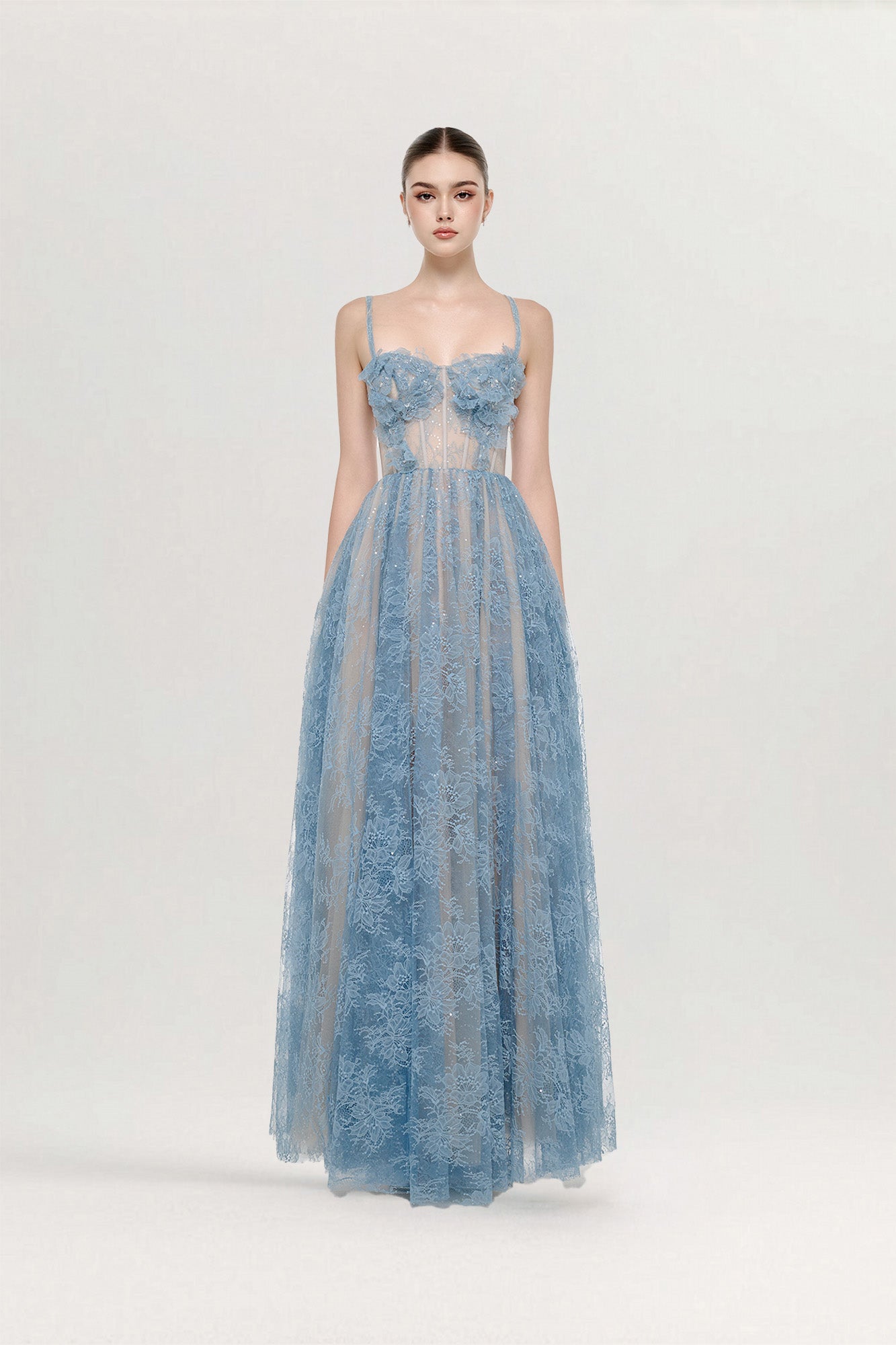 JOSÉPHINE • Calla Blue Embellished Lace Corset Evening Gown
