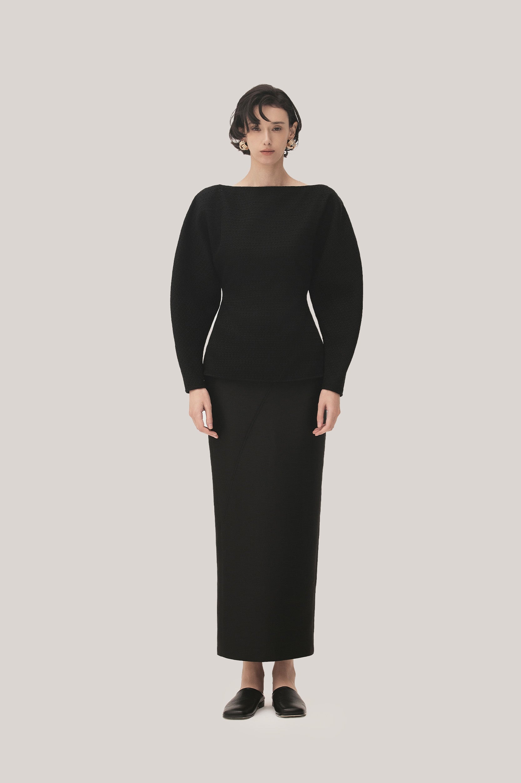 TINH ATELIER • Black Tam Hourglass Boat Neck Tweed Top
